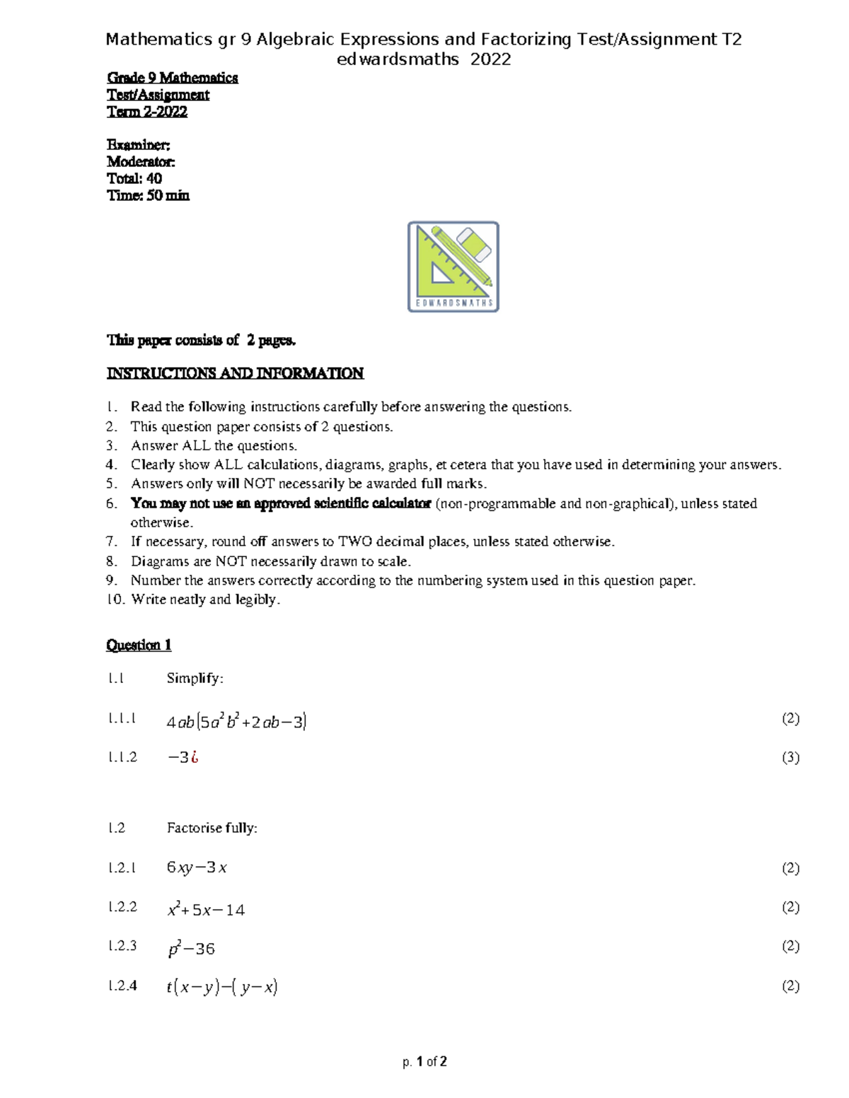 Gr 9 Edwardsmaths Test or Assignment Algebraic Expressions and ...