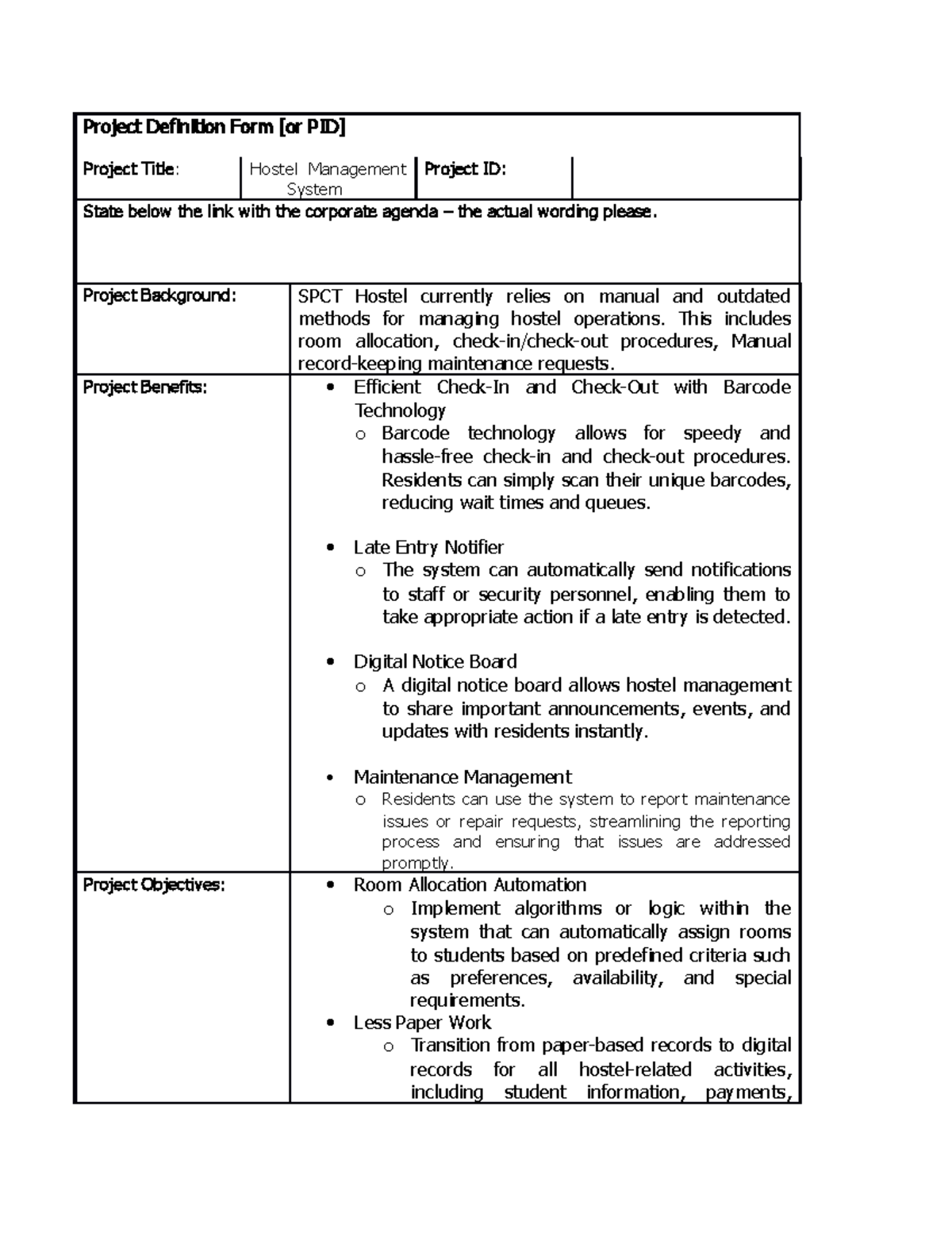 SE PID - IMP - Project Definition Form [or PID] Project Title: Hostel ...