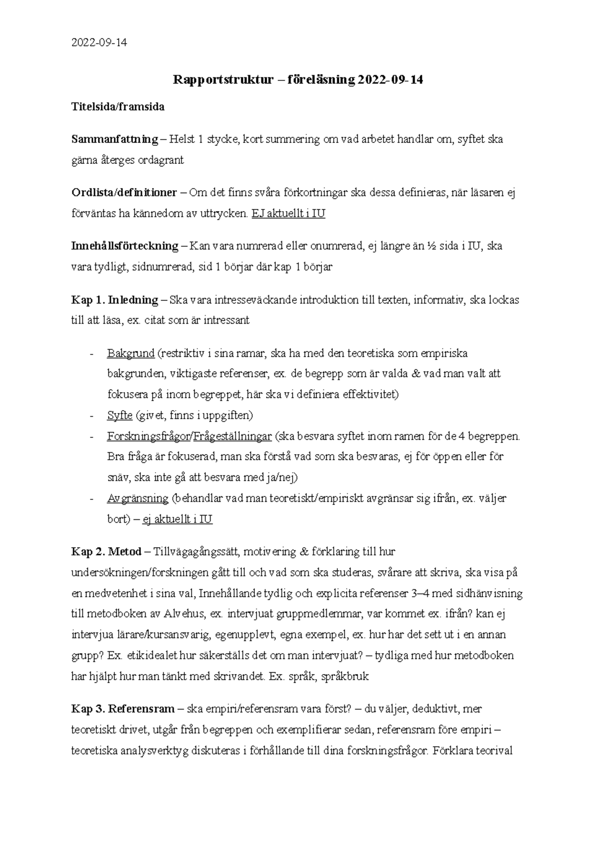 Rapportstruktur Föreläsning - 2022-09- Rapportstruktur – föreläsning ...