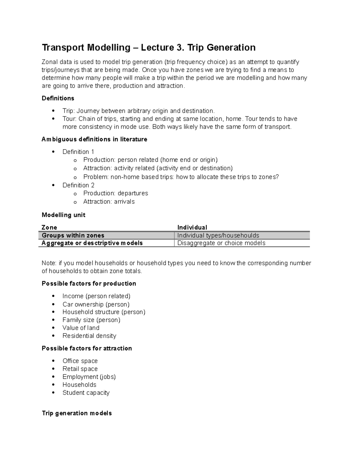 Lecture 03 Trip generation Notes - Transport Modelling – Lecture 3 ...