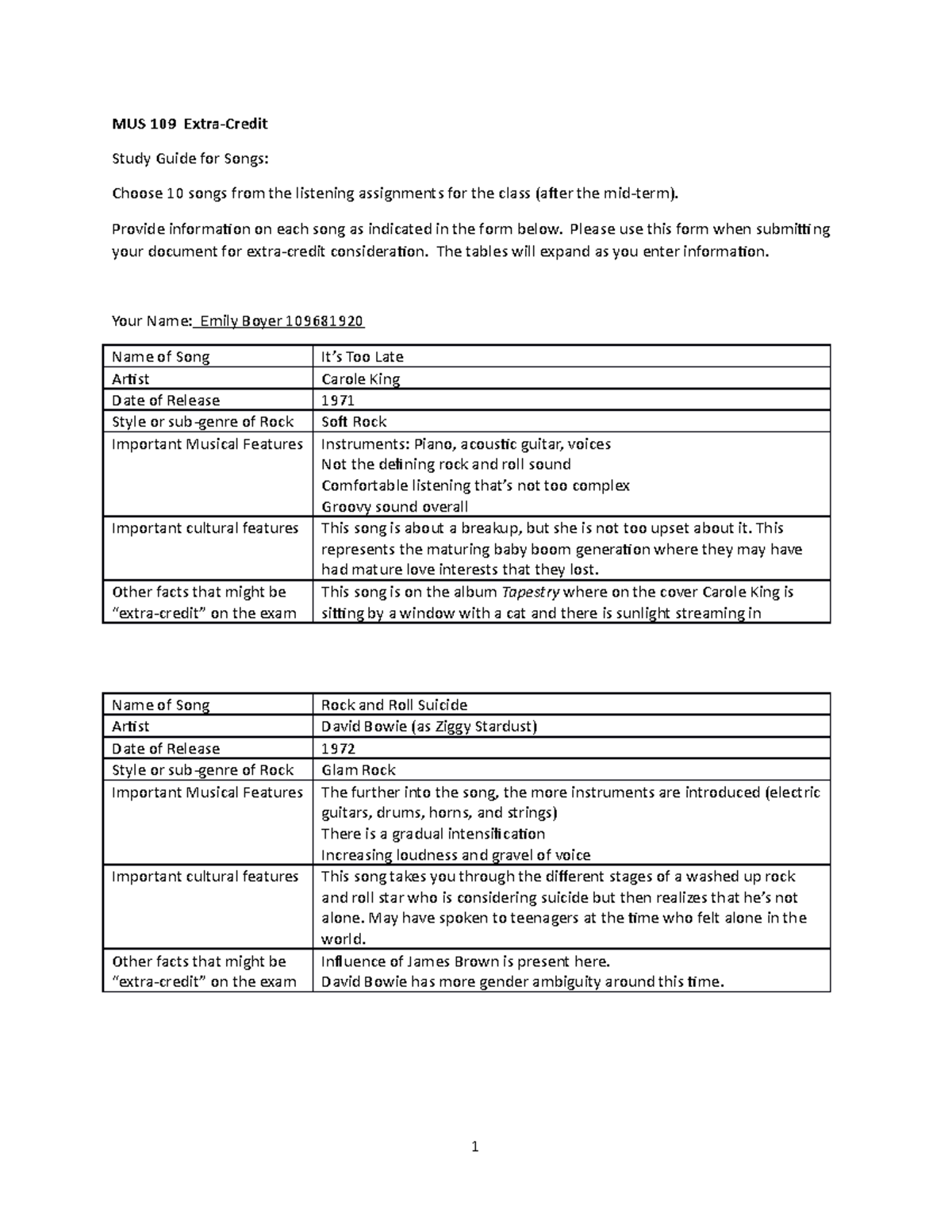 Boyer - music - MUS 109 Extra-Credit Study Guide for Songs: Choose 10 ...