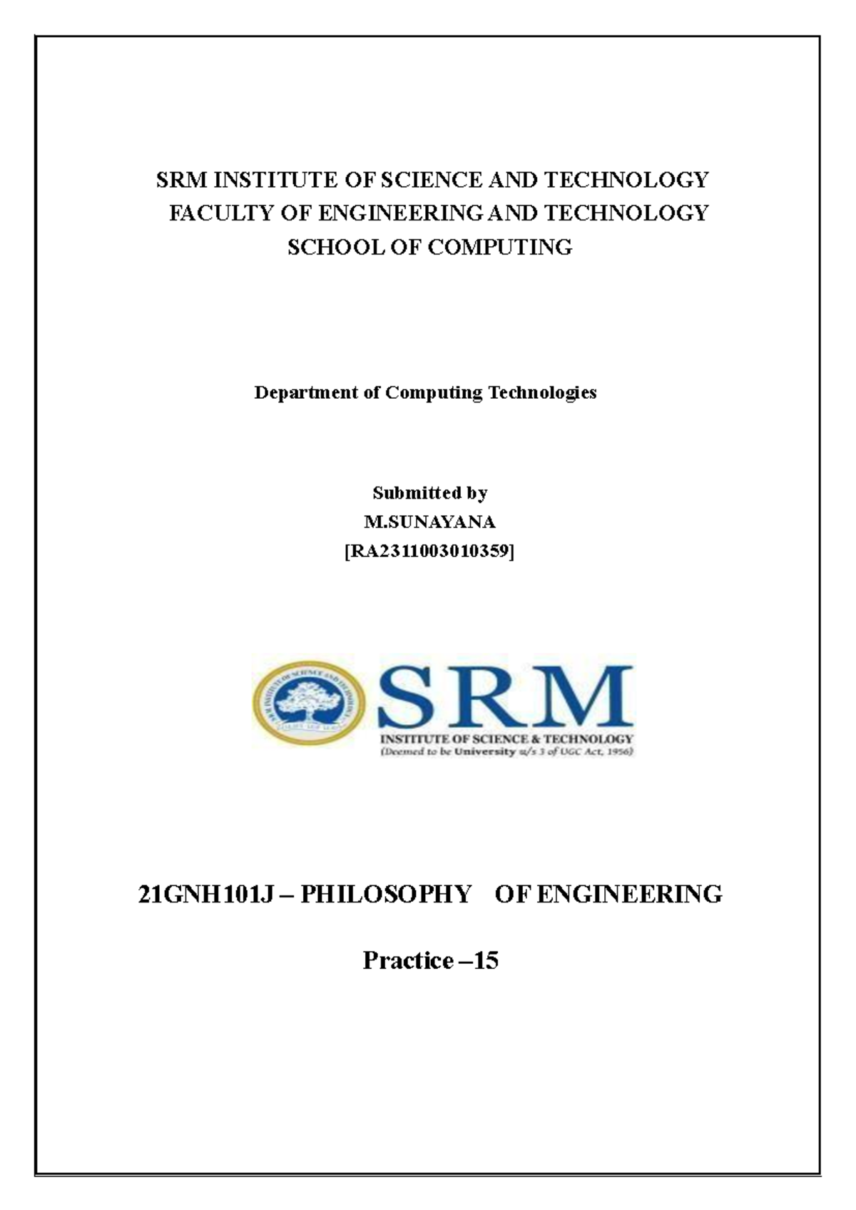 practice 15 poe - SRM INSTITUTE OF SCIENCE AND TECHNOLOGY FACULTY OF ENGINEERING AND TECHNOLOGY ...