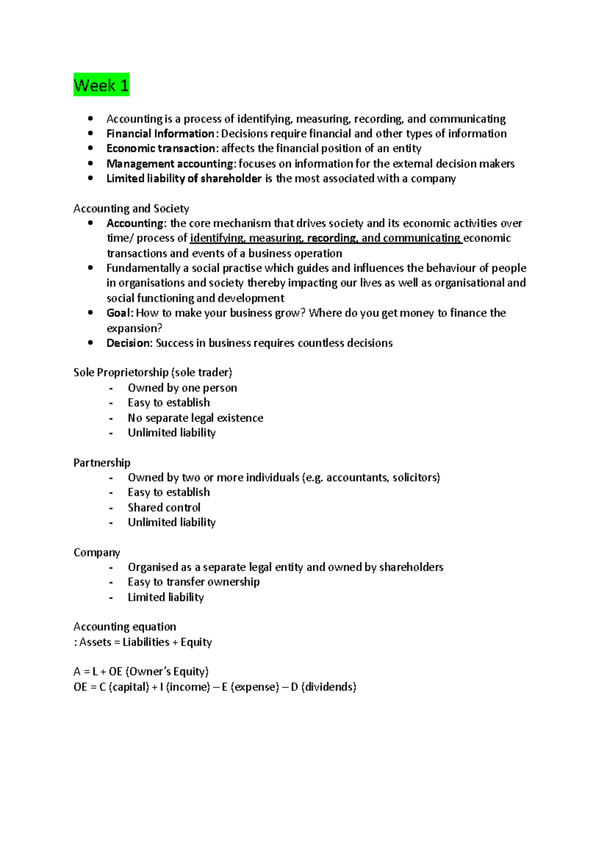 ACCG1000 notes - Week 1 Accounting is a process of identifying ...