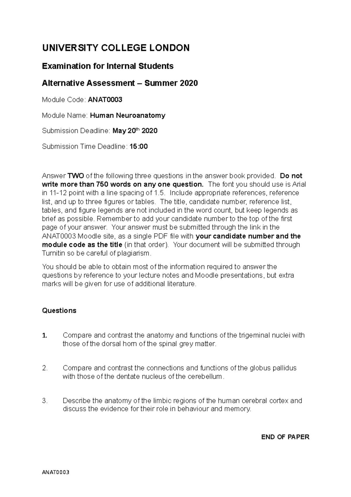 2020 Past Paper - UNIVERSITY COLLEGE LONDON Examination for Internal ...