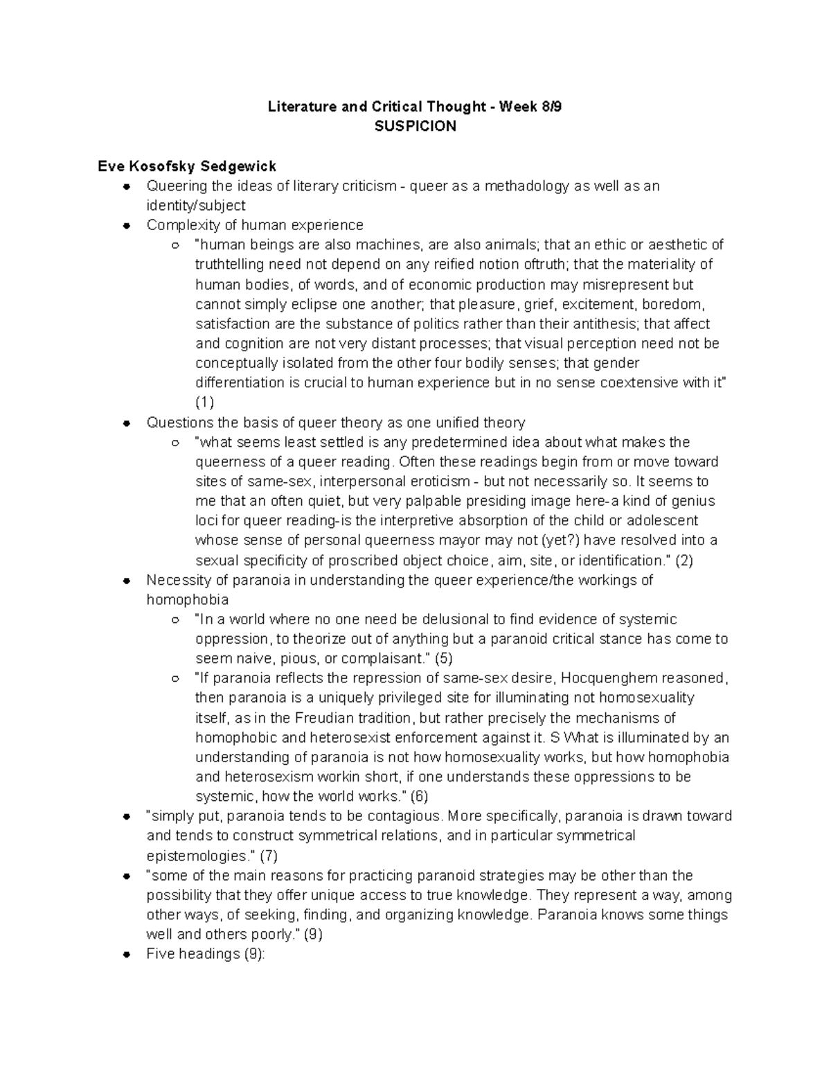 Notes summary - suspicion - Literature and Critical Thought - Week 8 ...