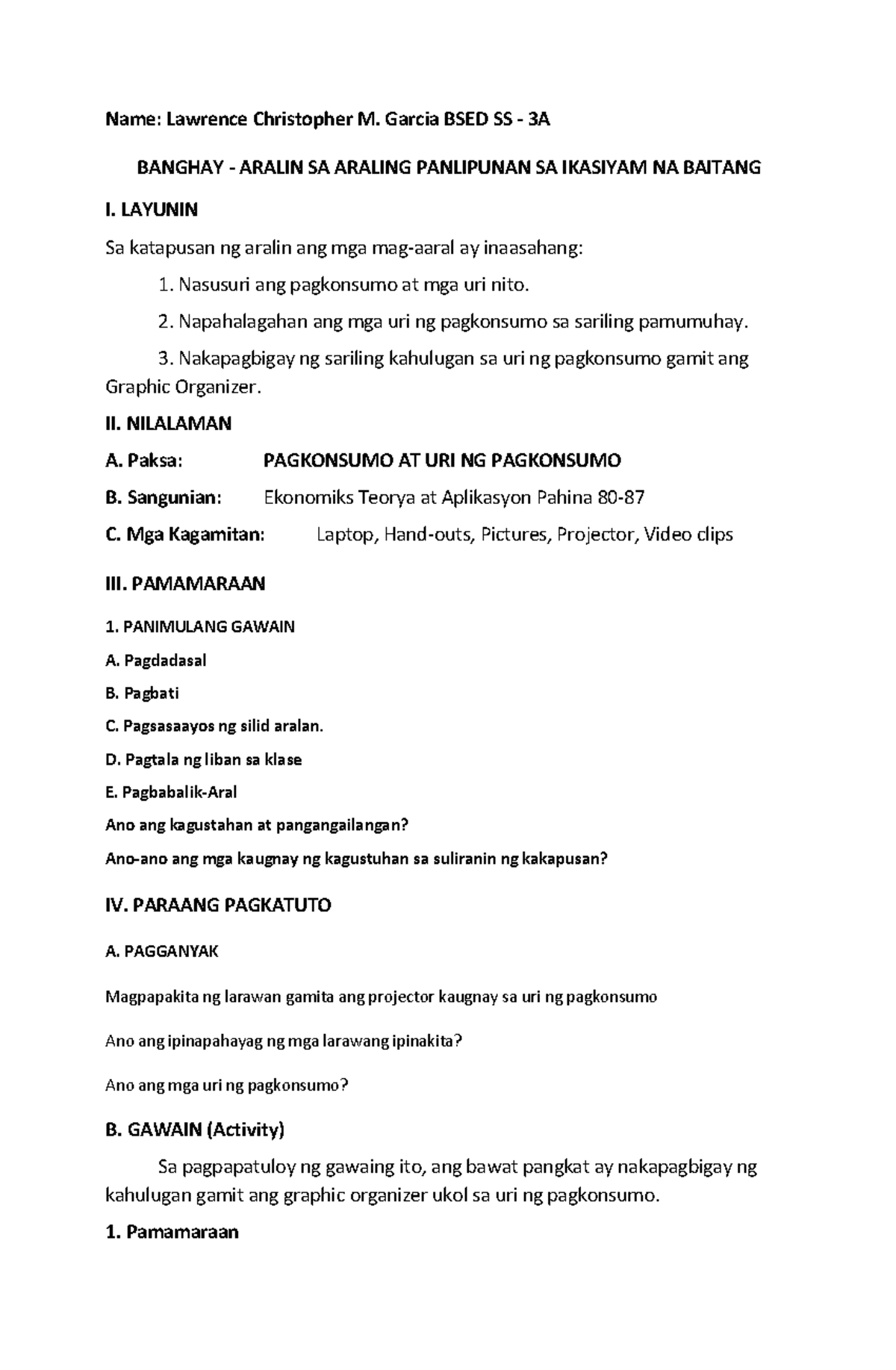 4A's Lesson Plan in SS13 - Name: Lawrence Christopher M. Garcia BSED SS ...