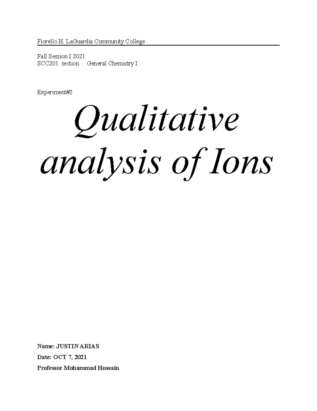 Lab Report 2 Qualitative analysis of ions - SCC 201 - LaGuardia - Studocu