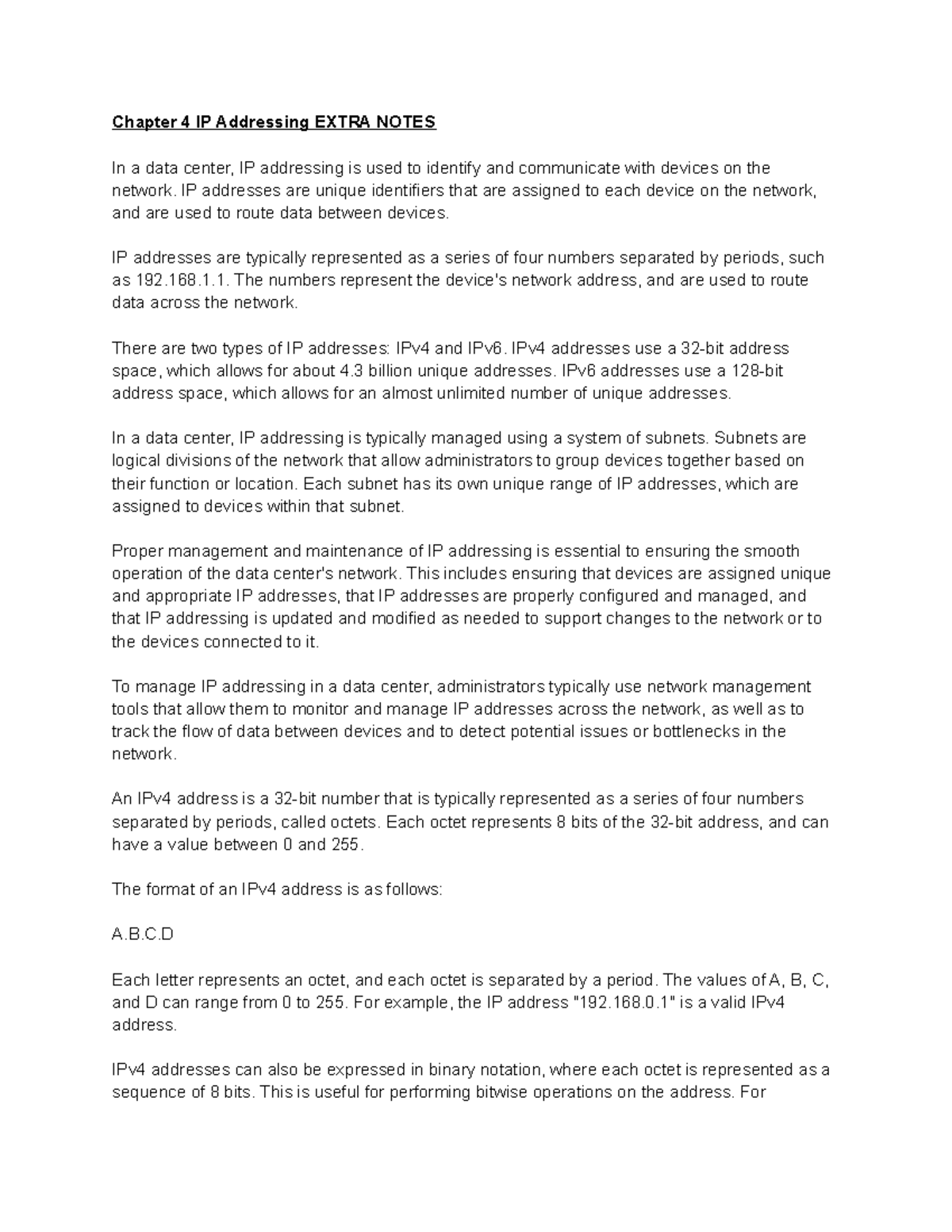 Chapter 4 IP Addressing Extra Notes - Chapter 4 IP Addressing EXTRA ...