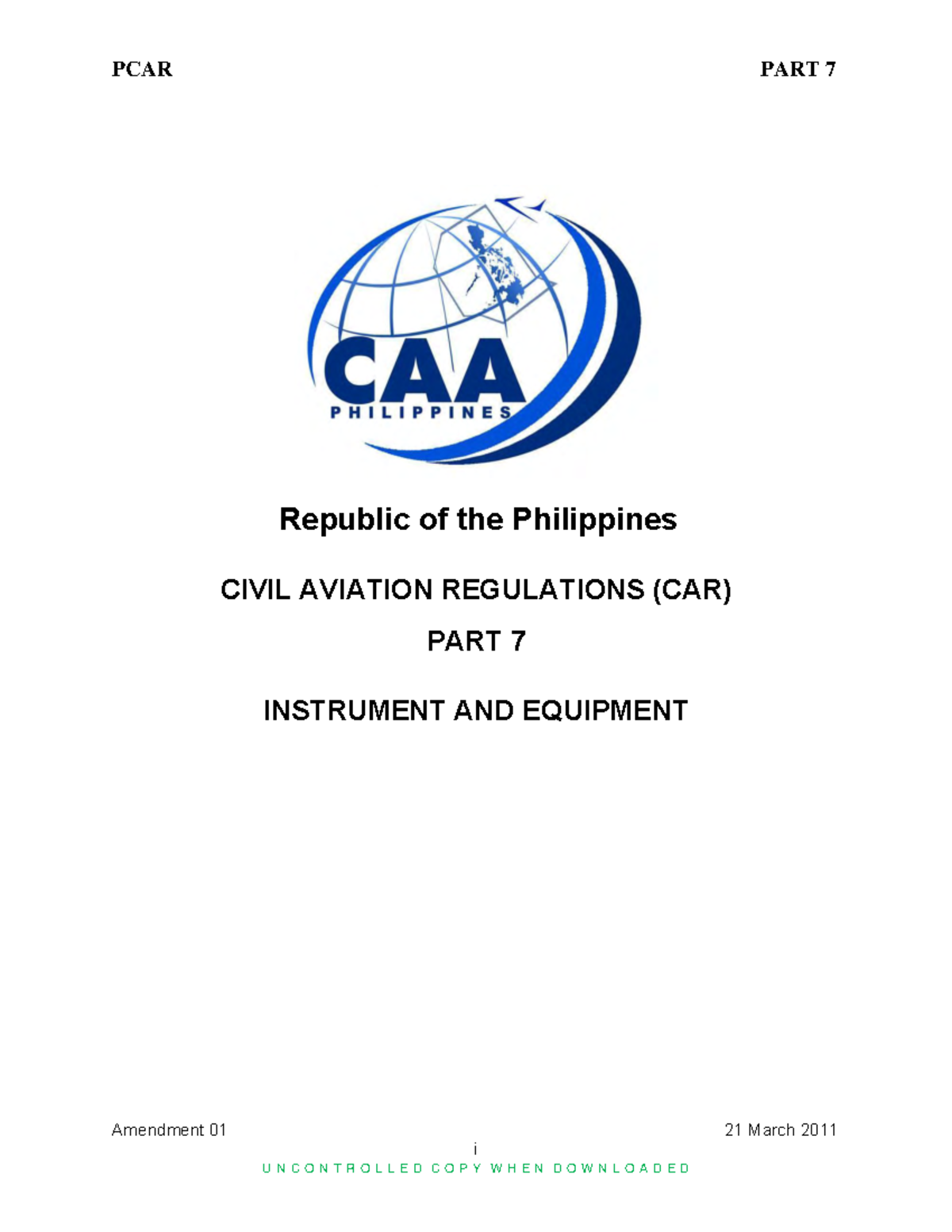 PCAR PART 7 Instrument and Equipment - Amendment 01 21 March 2011 i ...