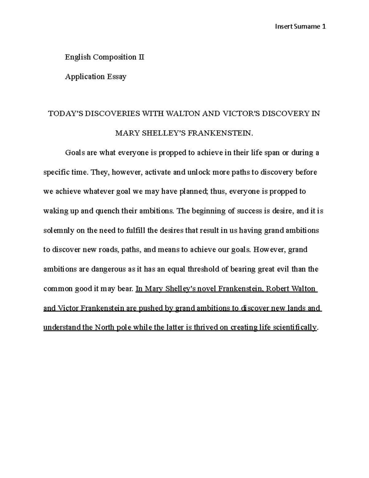 Frankenstein Application Essays Practice Assignments English