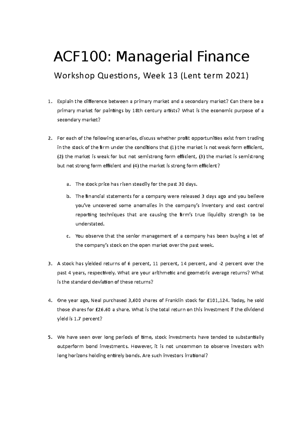 AC.F100 Workshop (b), week 13, Questions - ACF100: Managerial Finance ...