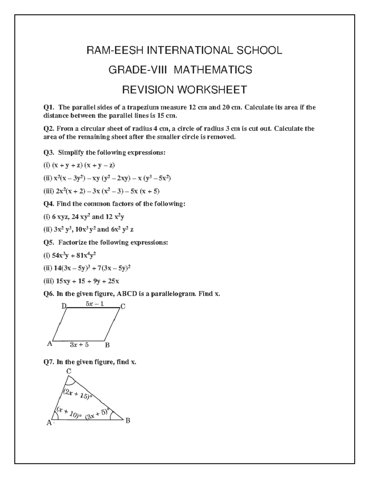 Class 8 revision worksheet - RAM-EESH INTERNATIONAL SCHOOL GRADE-VIII ...