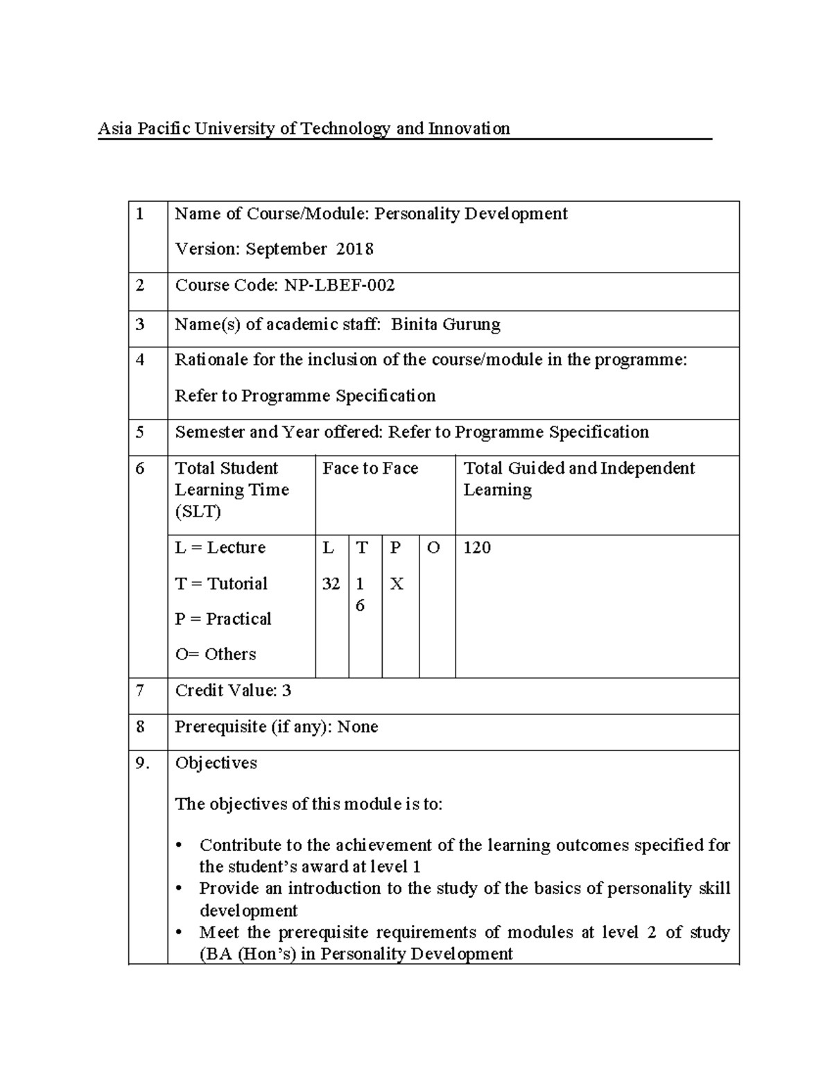 NP-LBEF002 Personality Development - Asia Pacific University of Technology and Innovation 1 Name ...