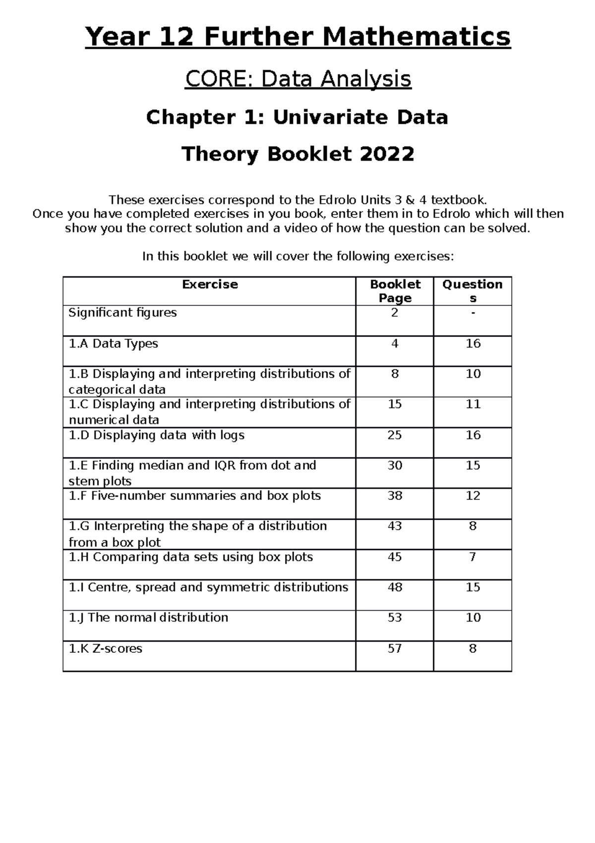 2022 Chapter 1 - Univariate Data Booklet - JOL - Year 12 Further ...