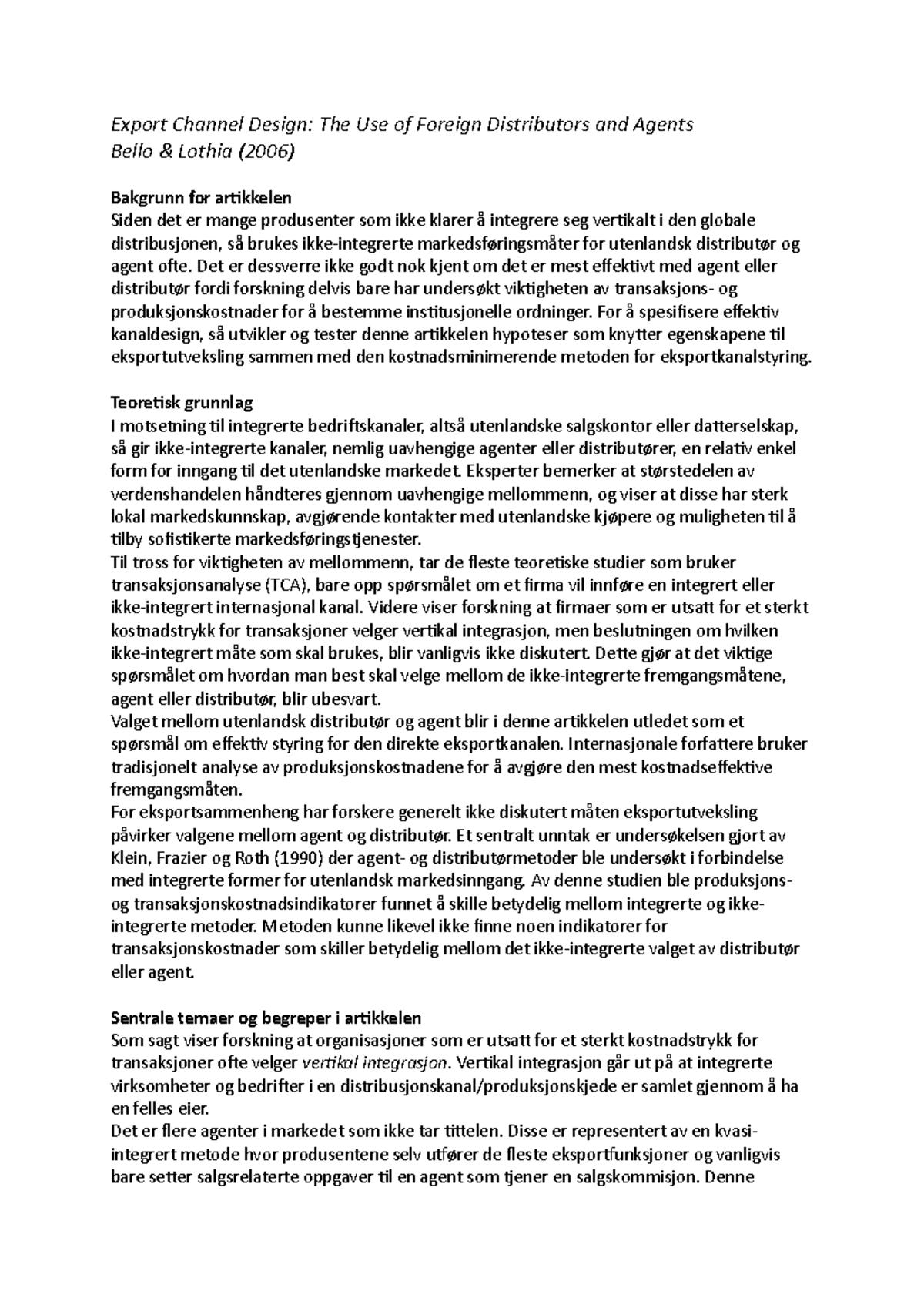 Oppsummering av artikkel - Export Channel Design: The Use of Foreign Distributors and Agents ...