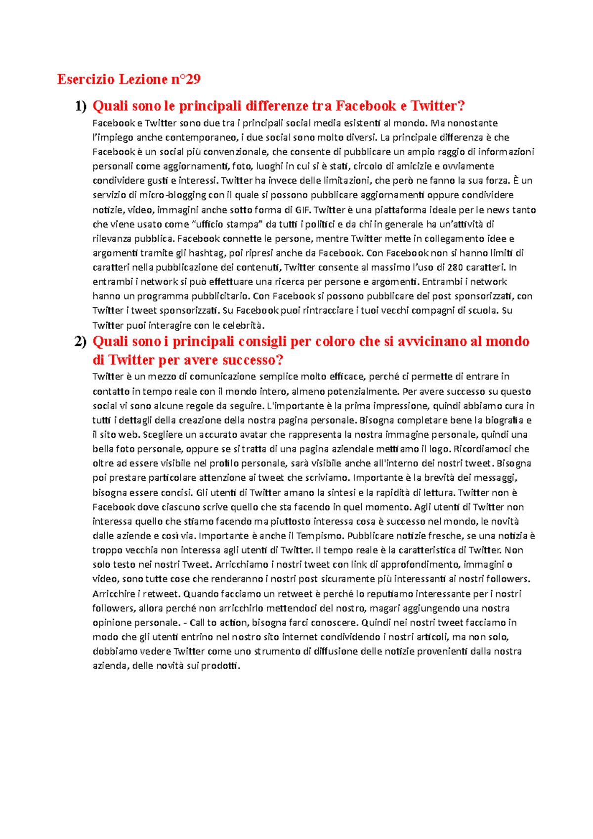 Esercizio lezione 29 web marketing - Esercizio Lezione n° 1) Quali sono ...