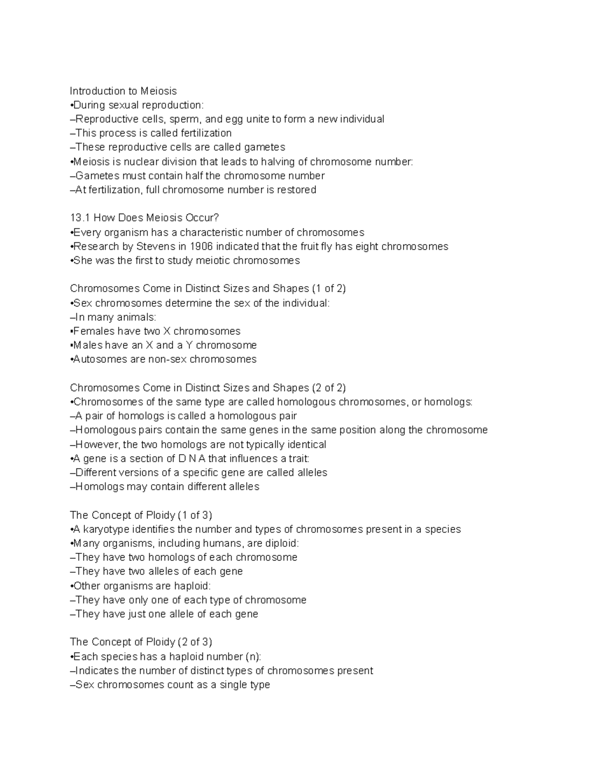 Chapter 13 Biol 112 Notes - Introduction to Meiosis •During sexual ...