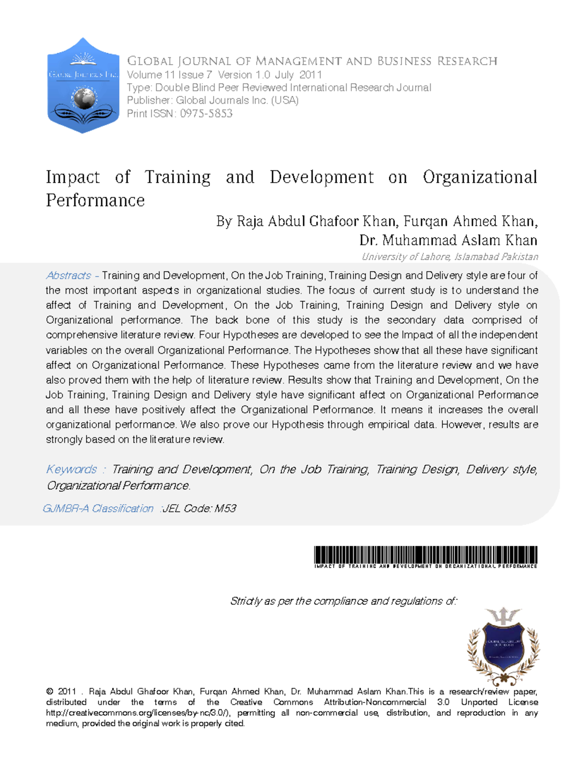 Impact of Training and Development on Or - © 2011. Raja Abdul Ghafoor ...