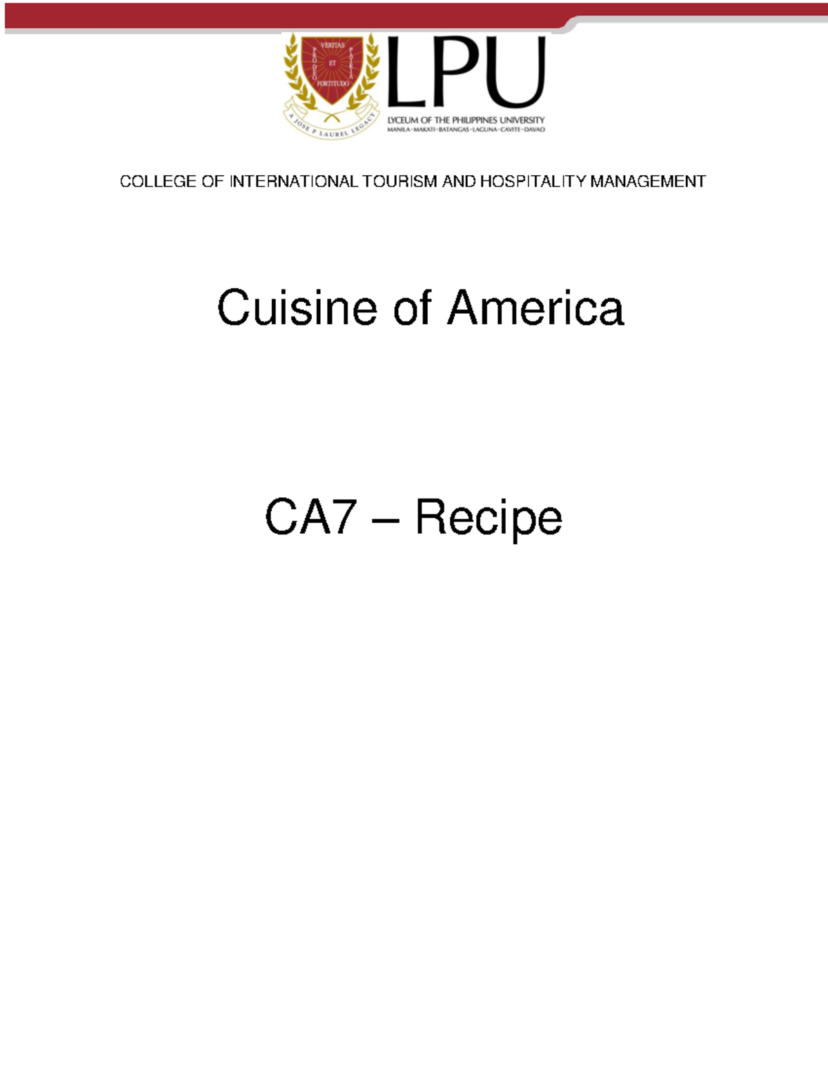 CA7- Recipes, Cuisine OF America - COLLEGE OF INTERNATIONAL TOURISM AND ...
