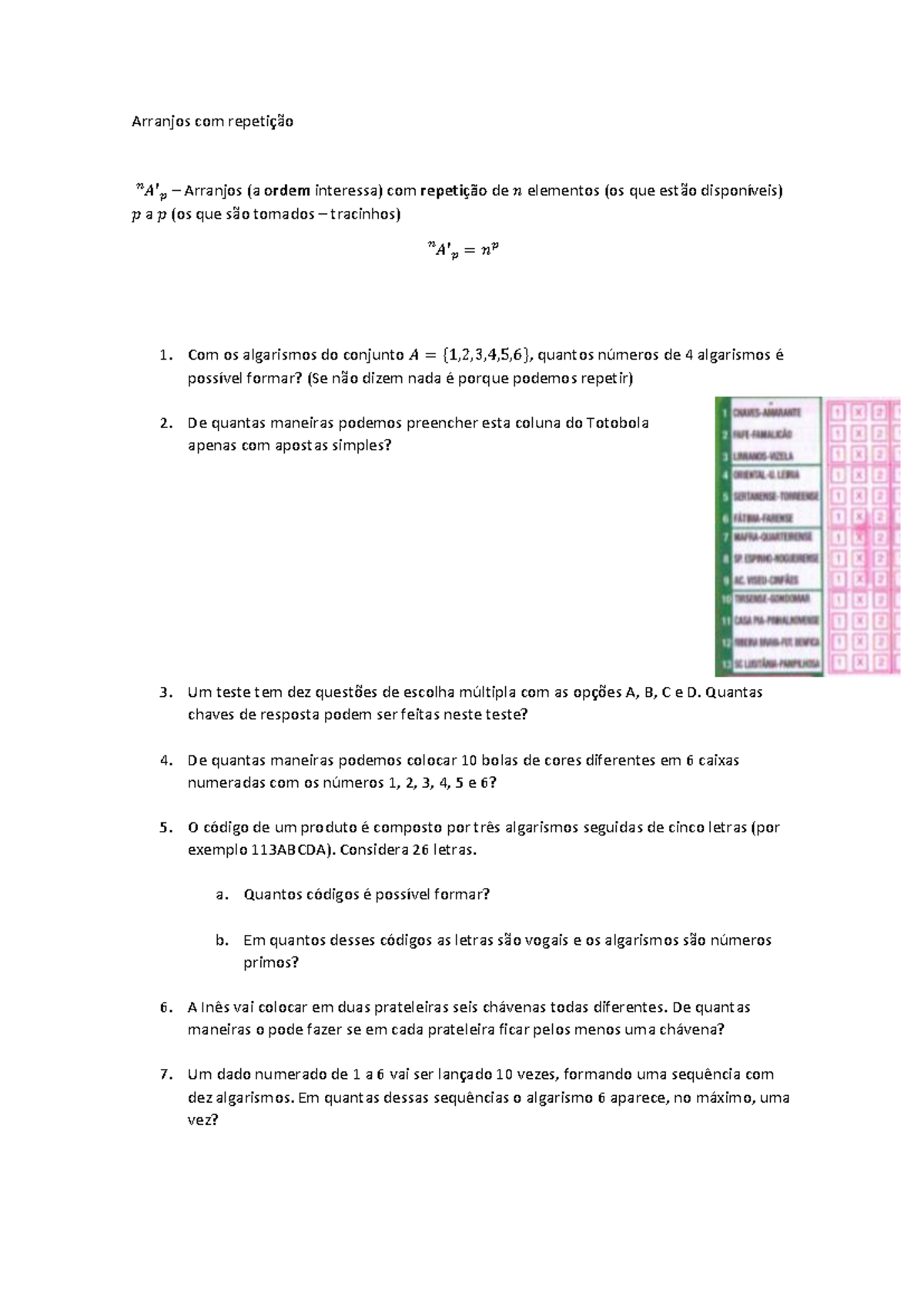 Arranjos com repetição - Arranjos com repetição 𝑛 𝐴 ′𝑝– Arranjos (a ...