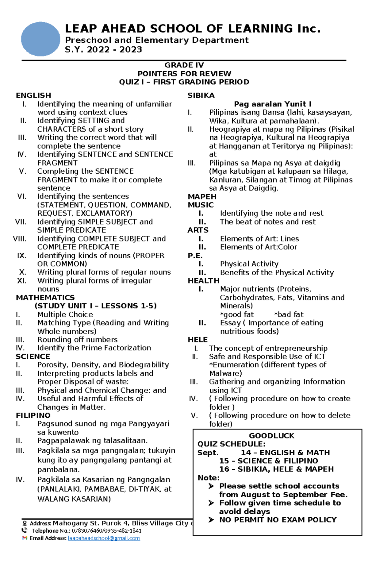 G4 - Math exam - LEAP AHEAD SCHOOL OF LEARNING Inc. Preschool and ...