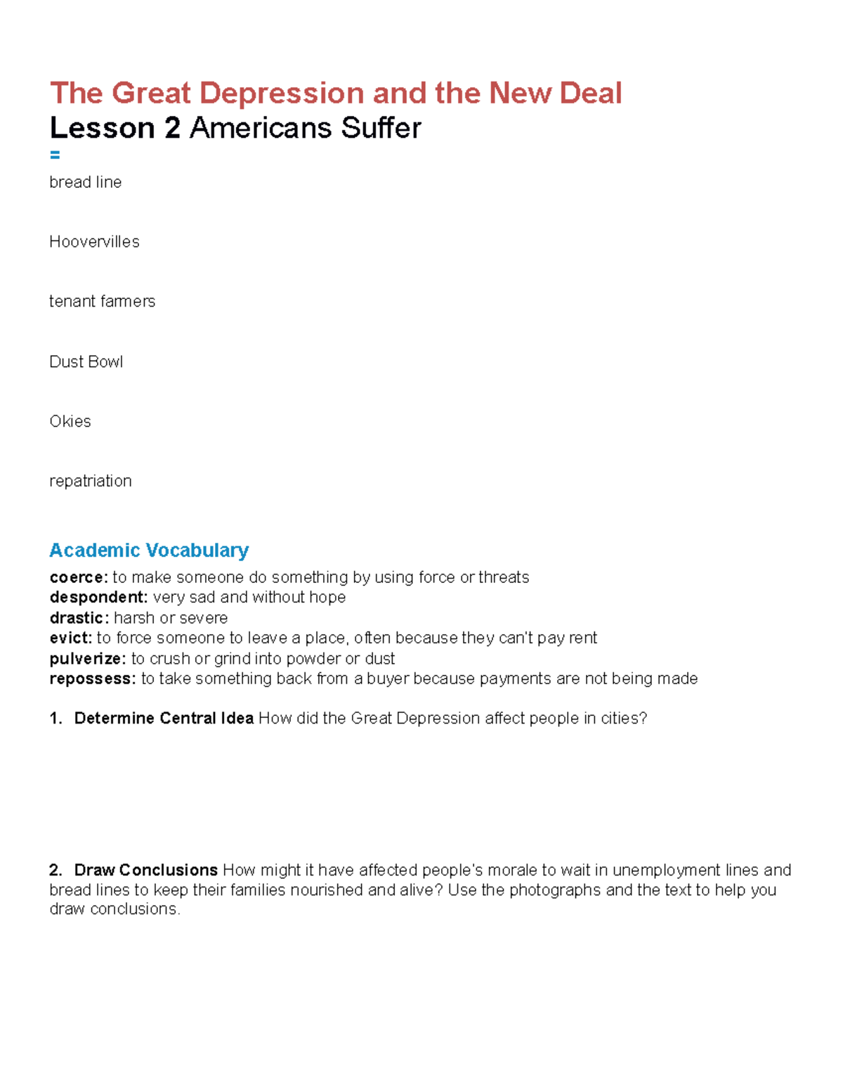 6.2 Guided Reader - The Great Depression and the New Deal Lesson 2 ...