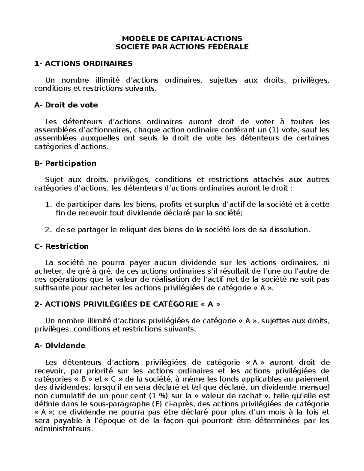 3.04 Modele de capital-actions fédérale - MODÈLE DE CAPITAL-ACTIONS ...