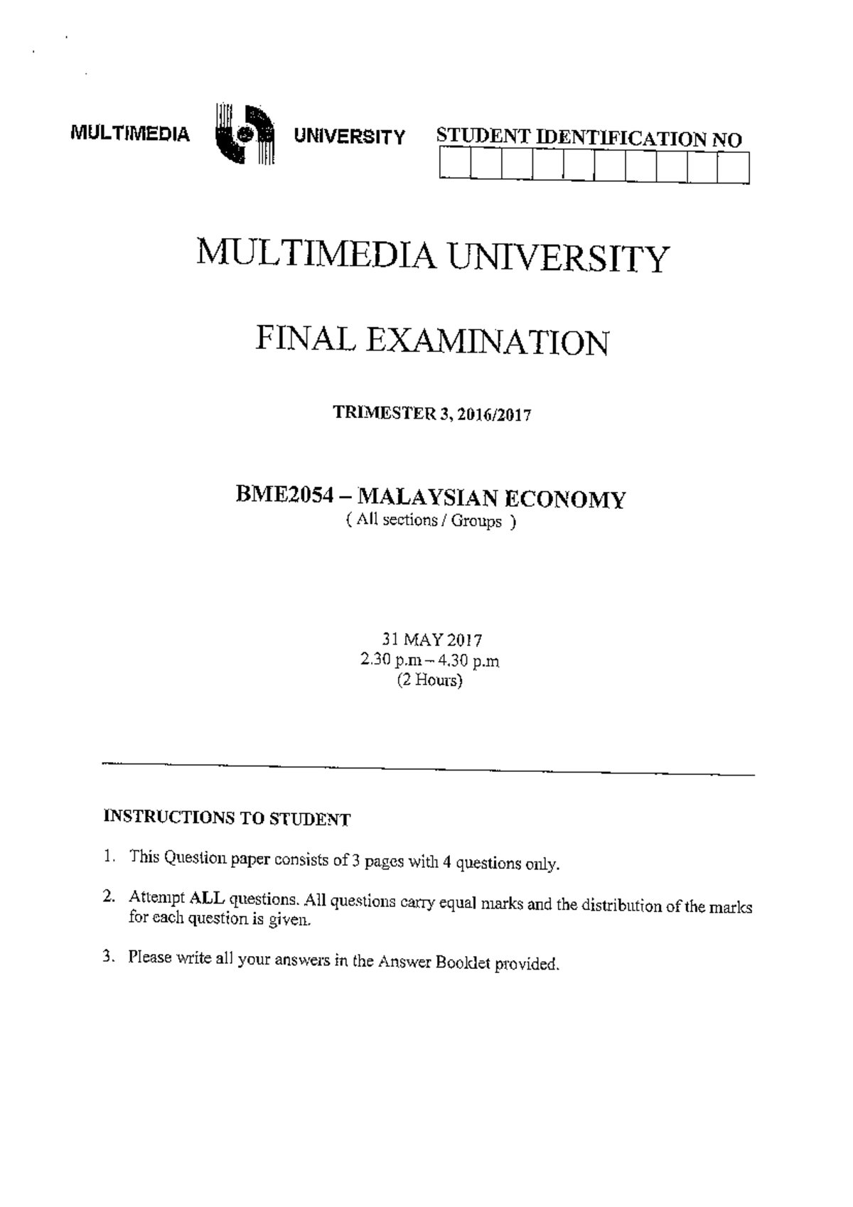 BME 2054 2016 - PAST YEAR - Malaysian Economy - Studocu