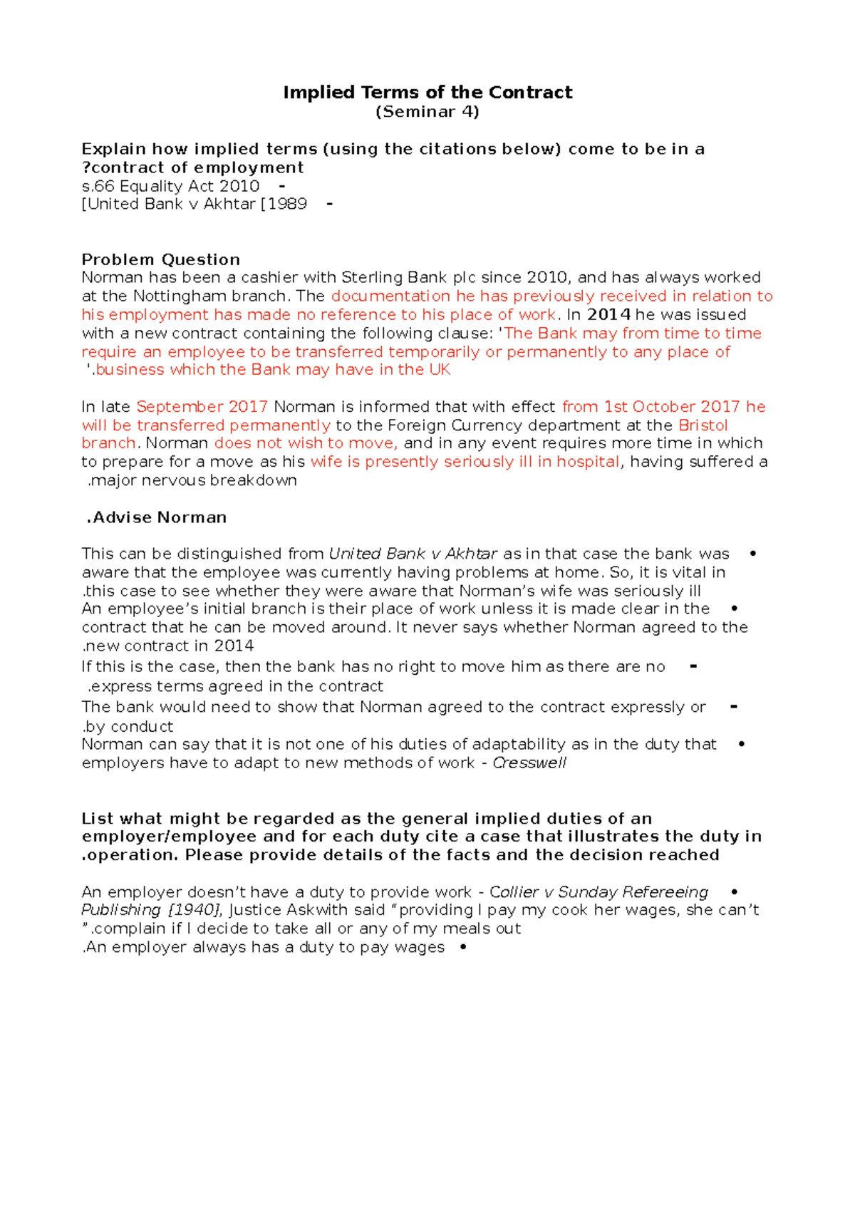 (S4) Implied Terms of the Contract - Implied Terms of the Contract ...