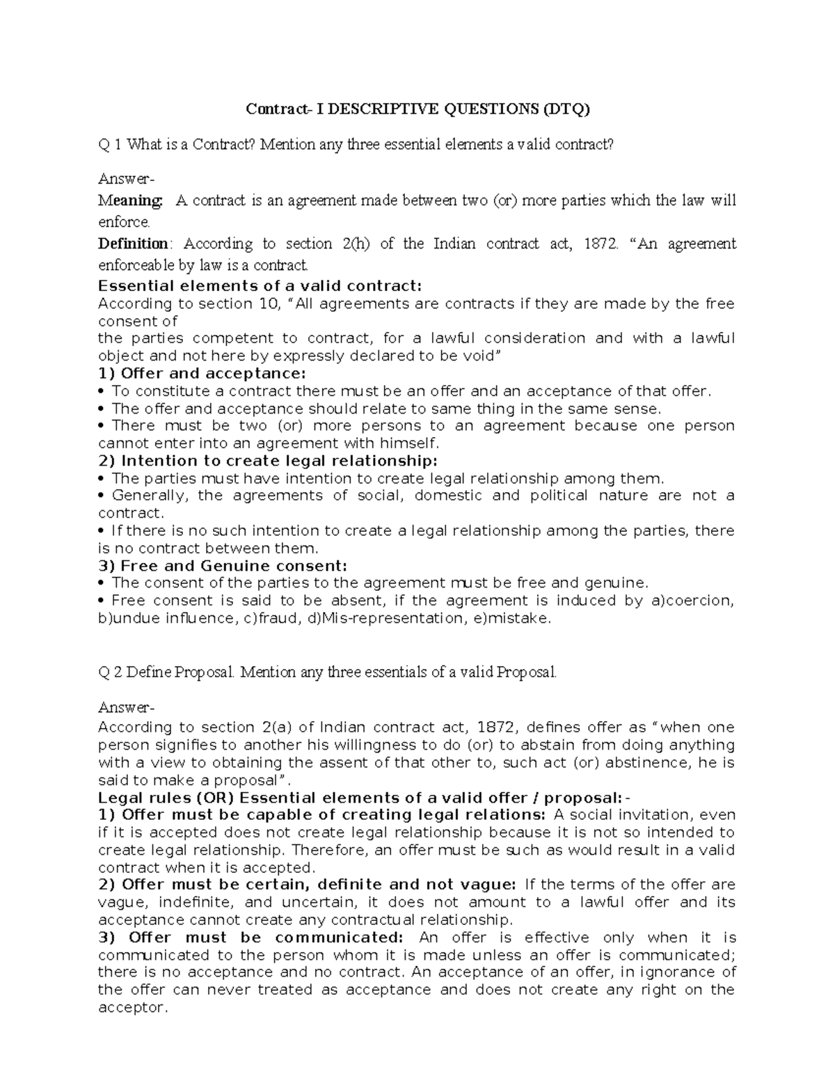 Contract Descriptive - Contract- I DESCRIPTIVE QUESTIONS (DTQ) Q 1 What ...