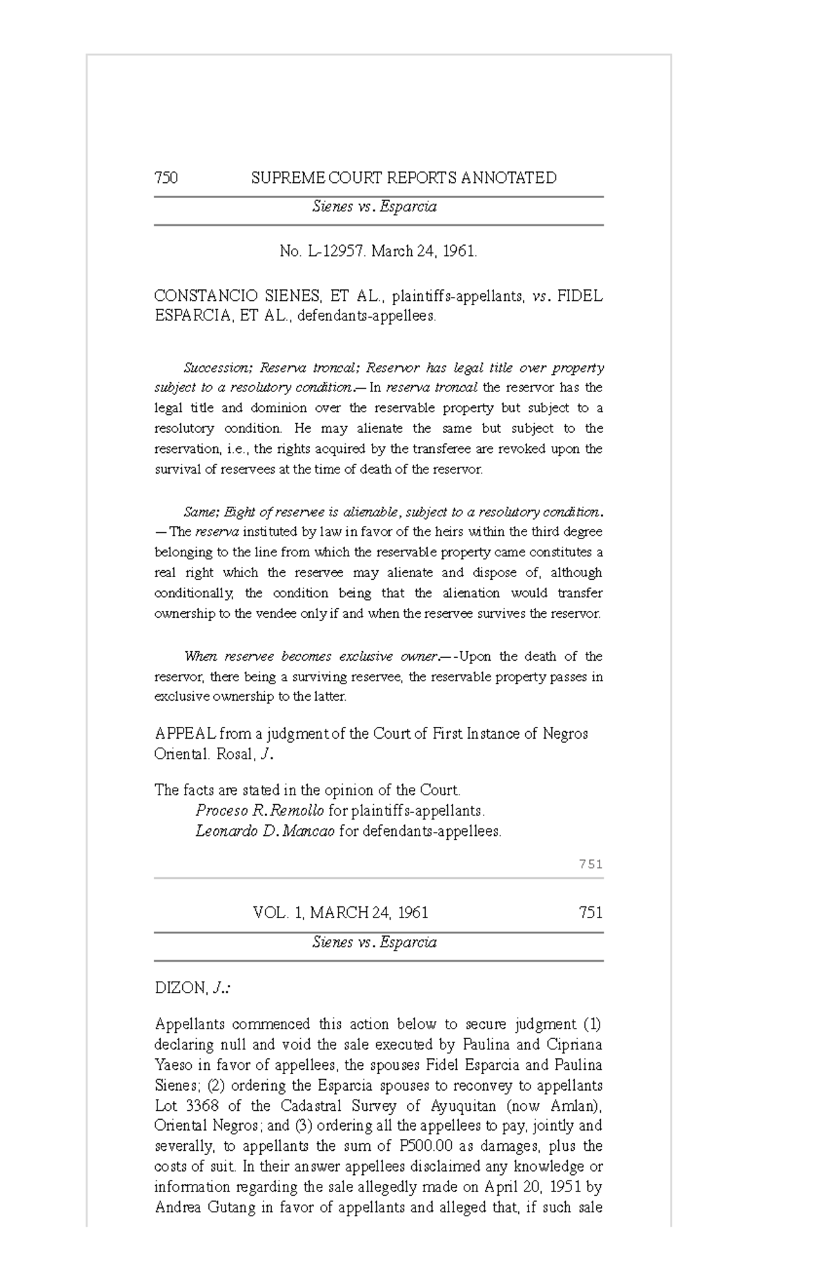 Sienes vs. Esparcia, 1 SCRA 750 (1961) - 750 SUPREME COURT REPORTS ...