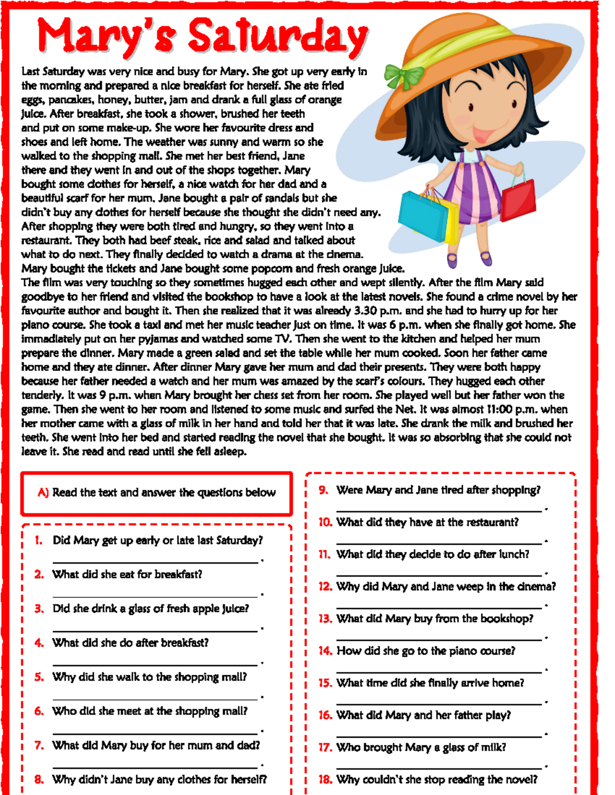 Simple Past Reading Comprehension - Saturday Last Saturday was very ...