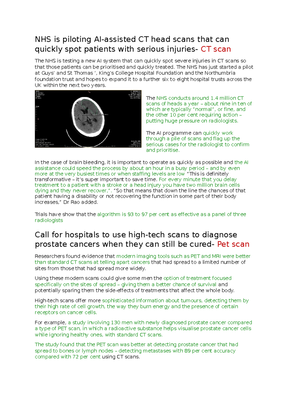 Scans - NHS is piloting AI-assisted CT head scans that can quickly spot ...