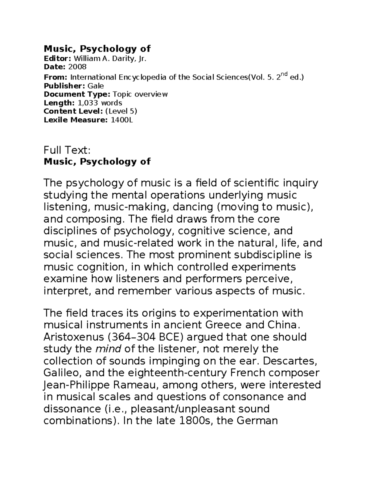 Music, Psychology of - idk - Music, Psychology of Editor: William A ...