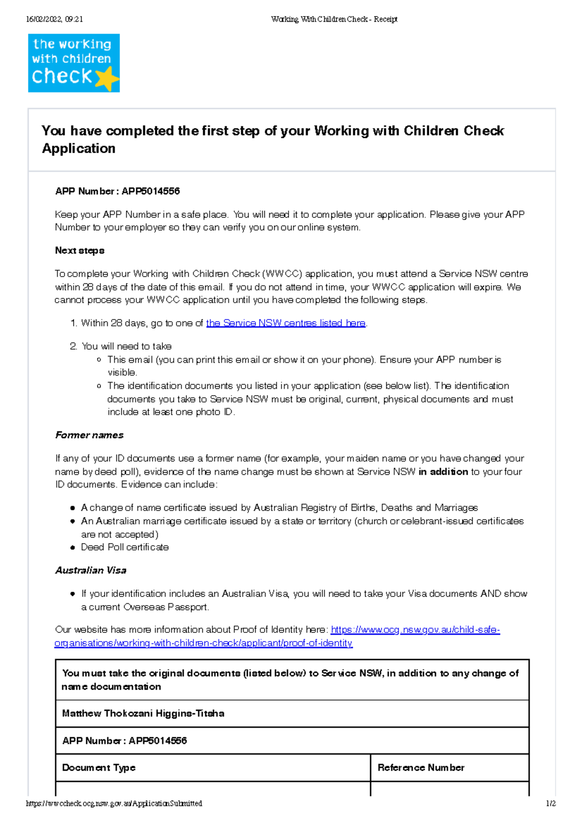 Working With Children Check - Receipt - 16/02/2022, 09:21 Working With ...