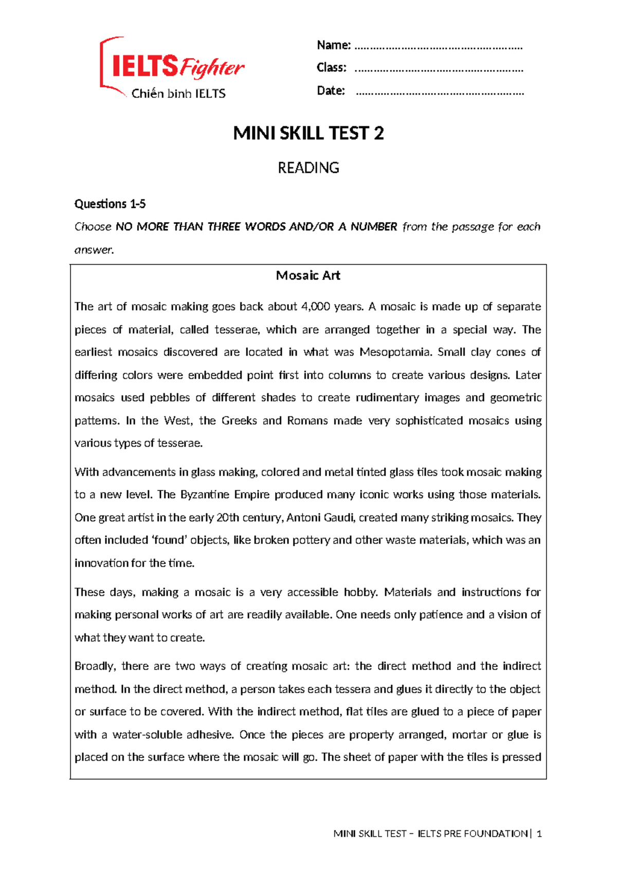 MINI Skill TEST 2 - for english practice - Name: - Studocu