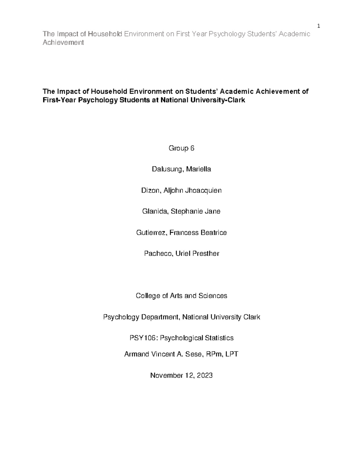 Correlational Research - The Impact of Household Environment on First ...