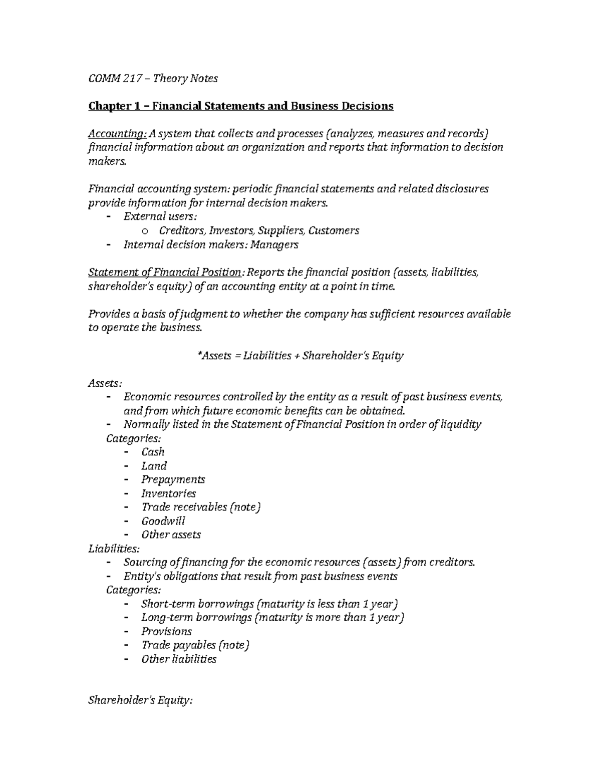 Lecture notes, lectures 1-8 - COMM 217 – Theory Notes Chapter 1 ...