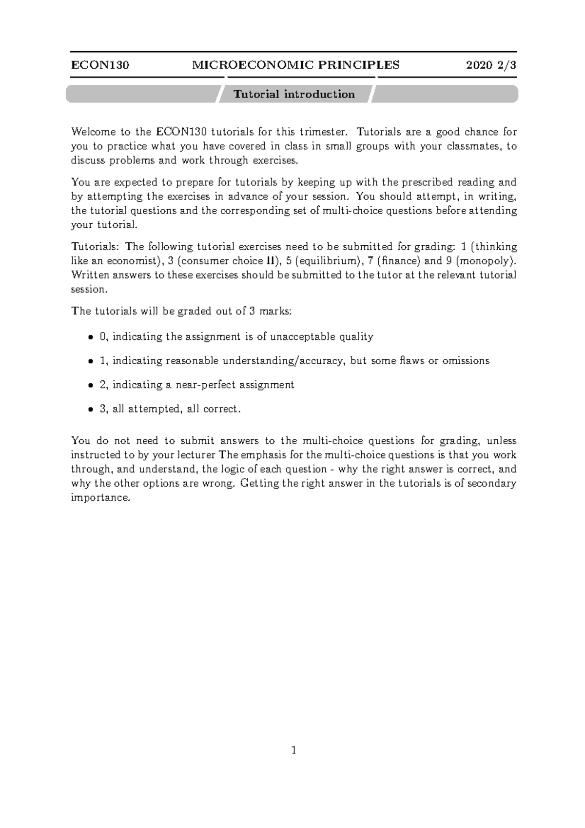 Econ130 21-2N Tutorial questions - ECON130 MICROECONOMIC PRINCIPLES 2020 2/ Tutorial ...