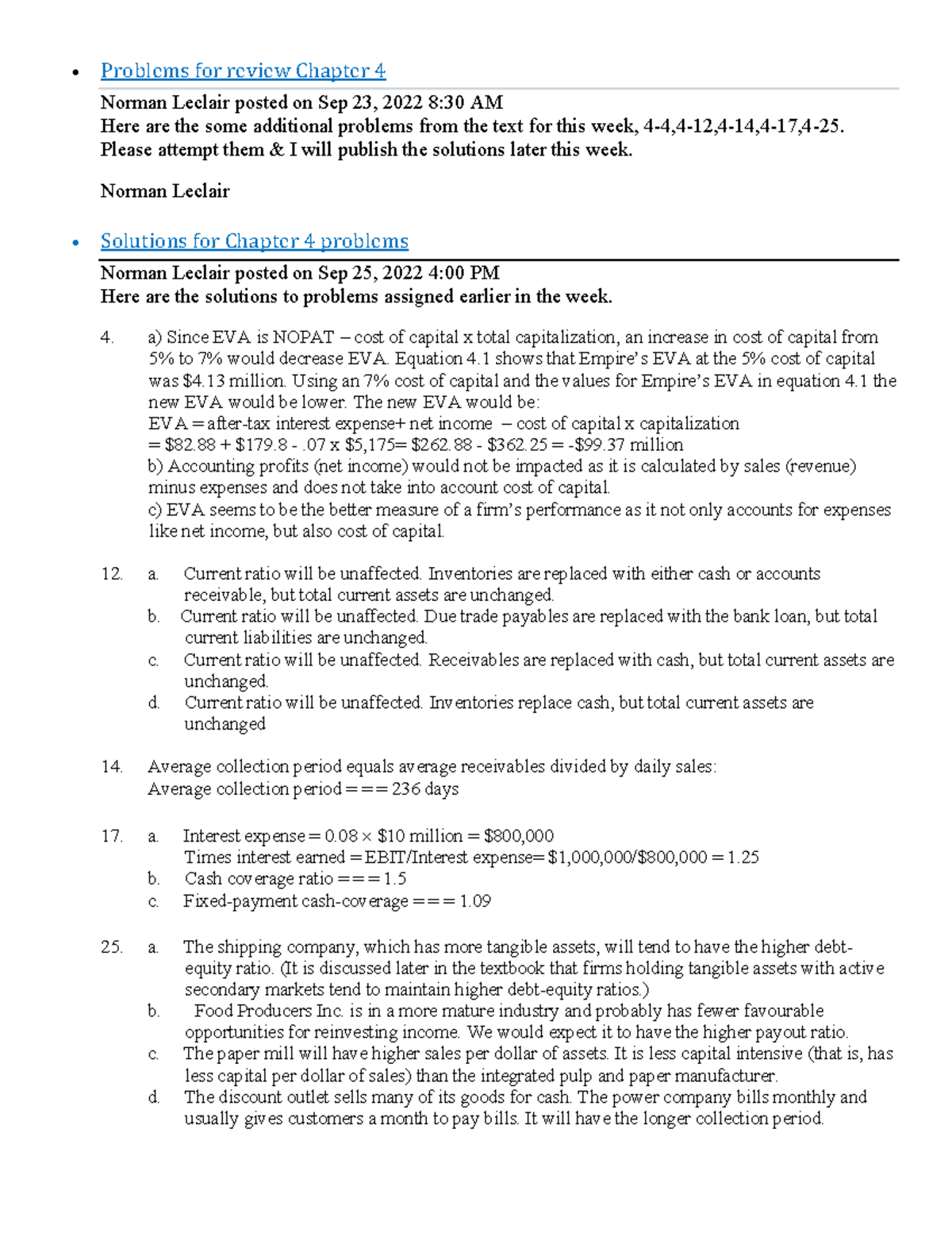 ACCT 702 Ch.4 Practice Quiz on EVA - • Problems for review Chapter 4 ...