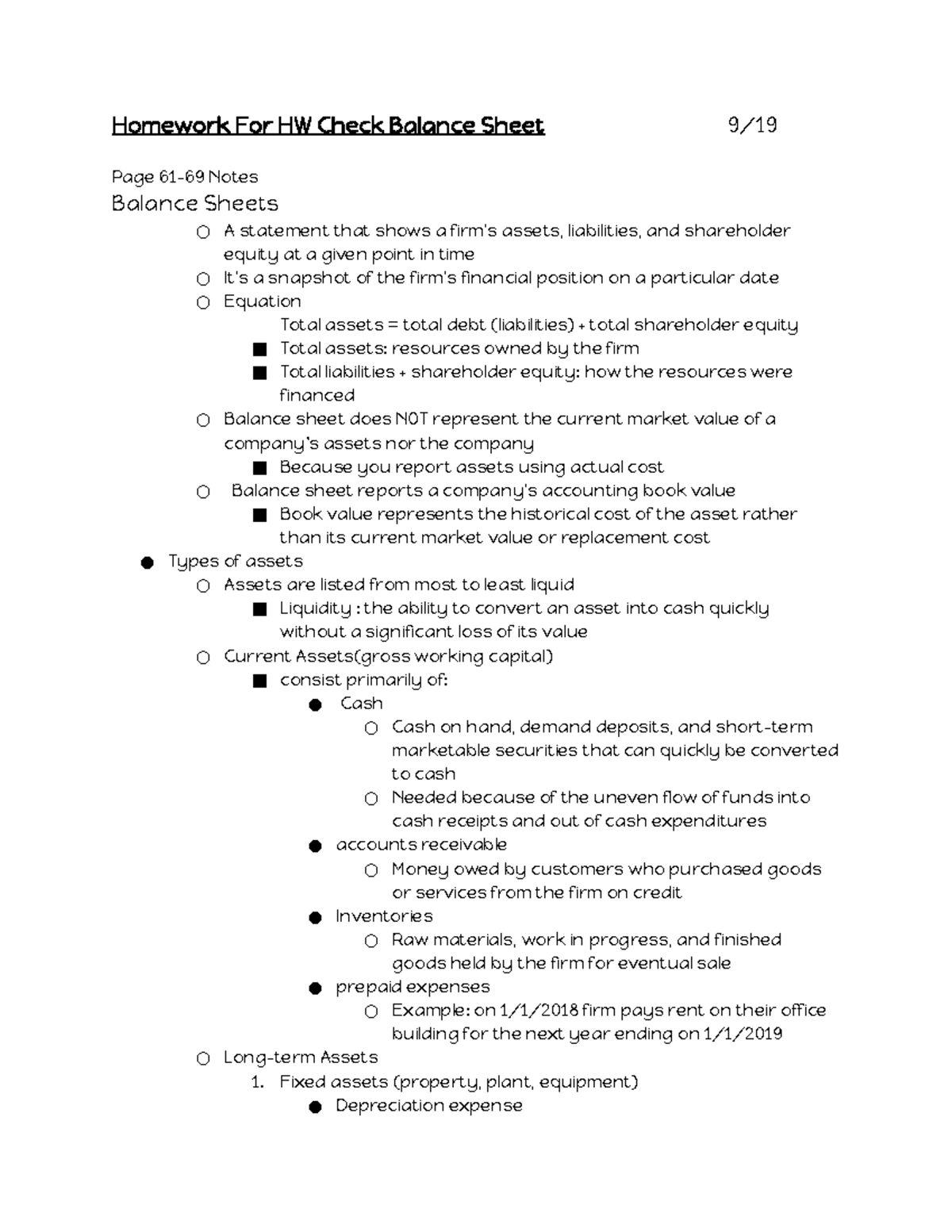 Blanace Sheet HW - Homework For HW Check Balance Sheet Page Notes ...