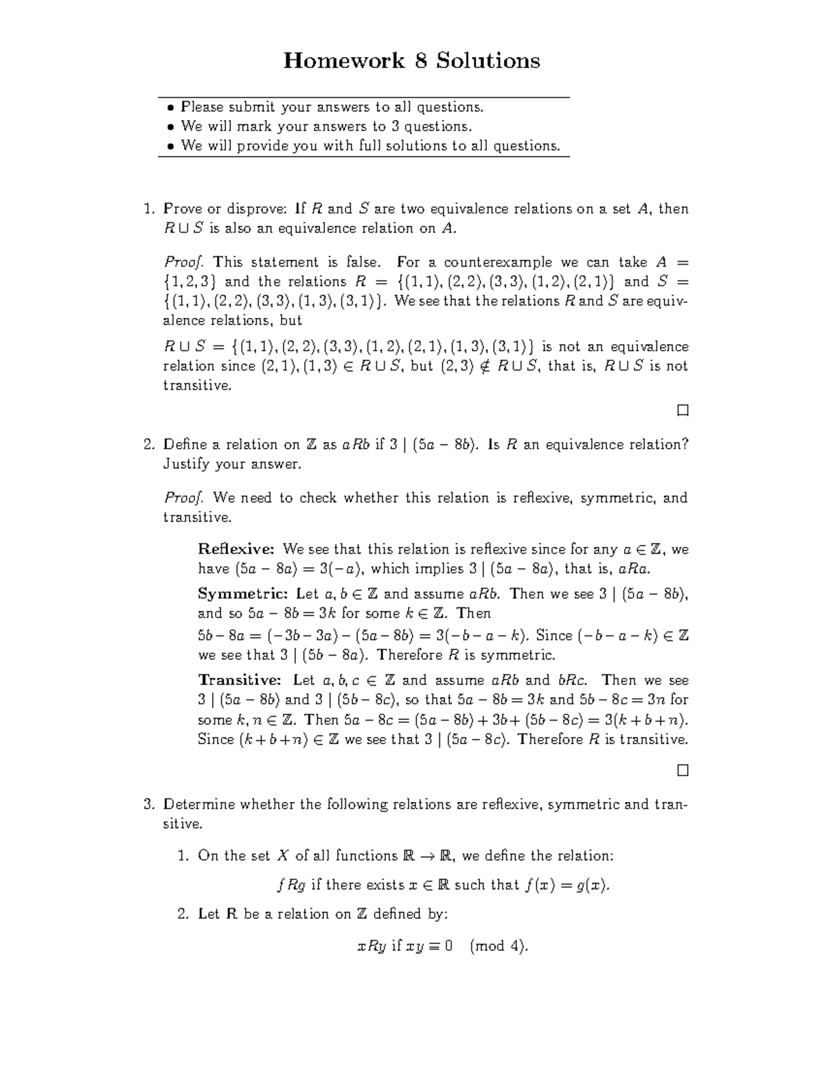 Homework 8 solutions - hw 8 solution - Please submit your answers to all questions. We will mark ...