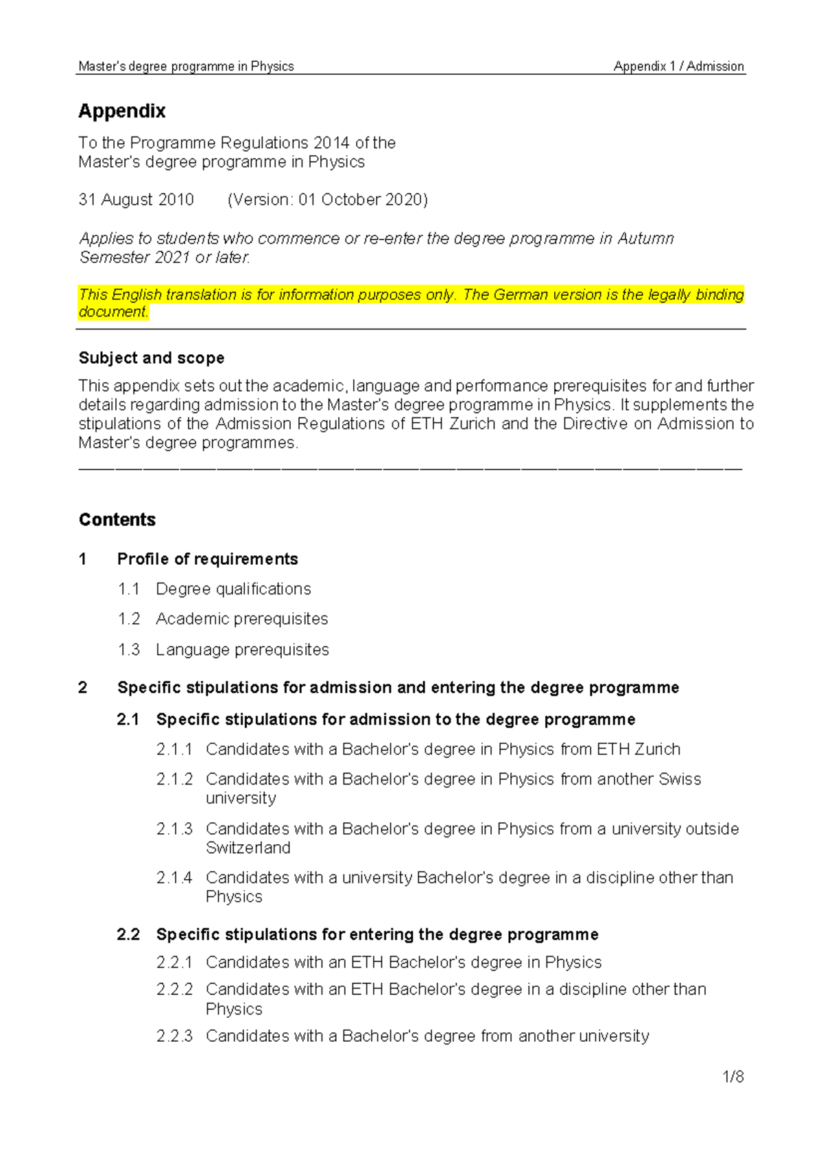 MSc-Physics-Appendix - Appendix To the Programme Regulations 2014 of ...