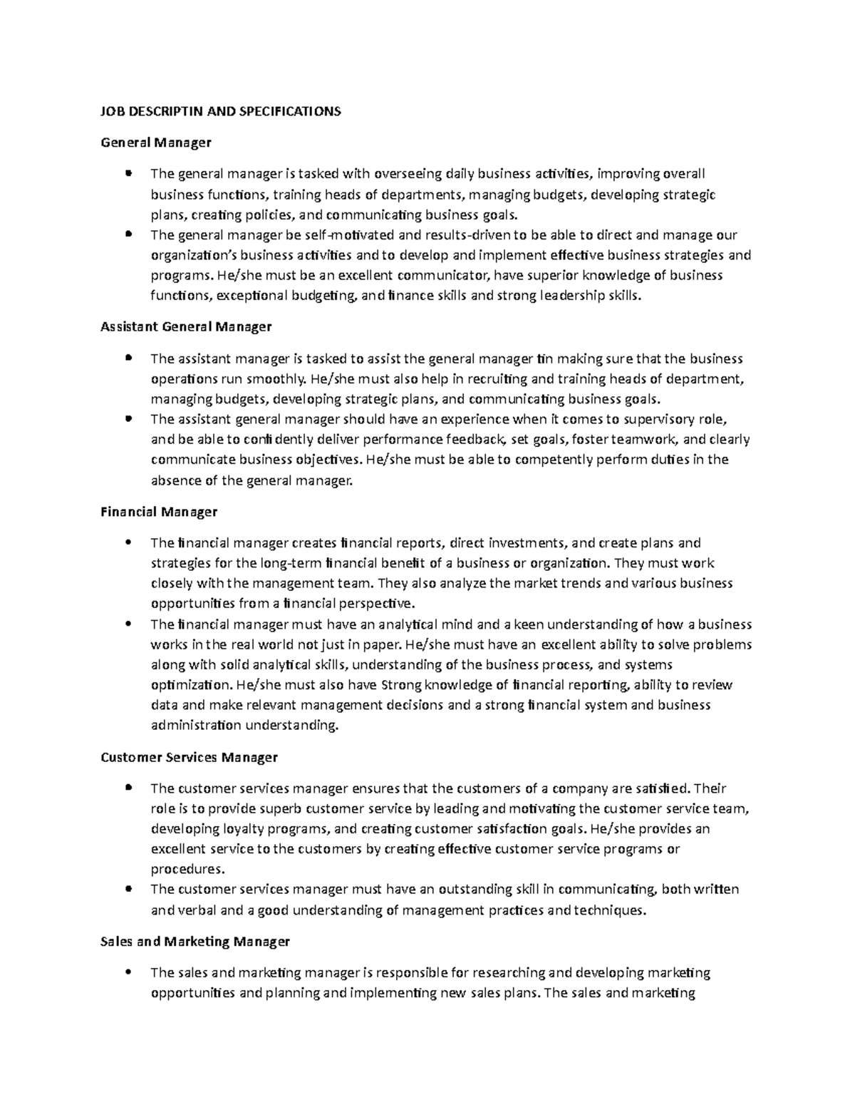 Entrep - this is an excerpt from a business plan - JOB DESCRIPTIN AND ...