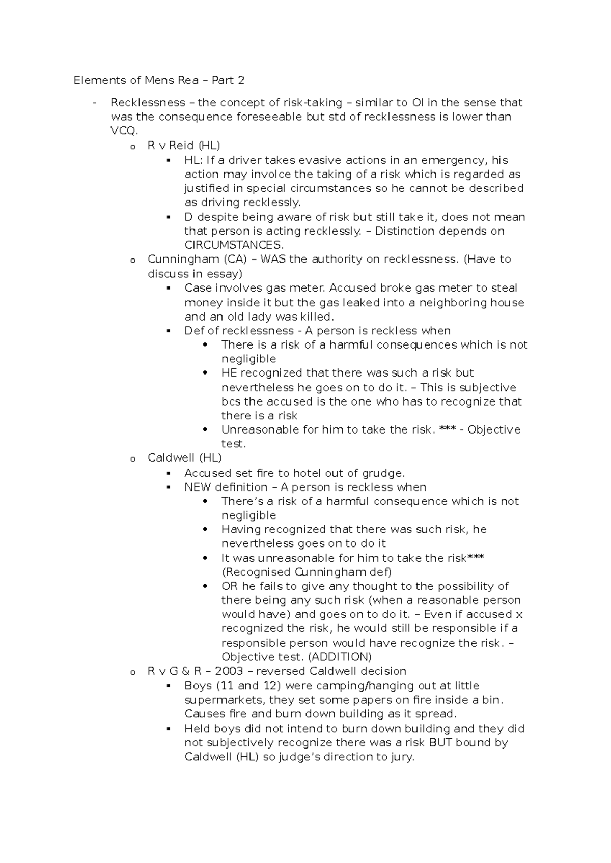 Elements of Mens Rea Part 2 (Week 5 Lecture) - Elements of Mens Rea – Part 2 - Recklessness ...
