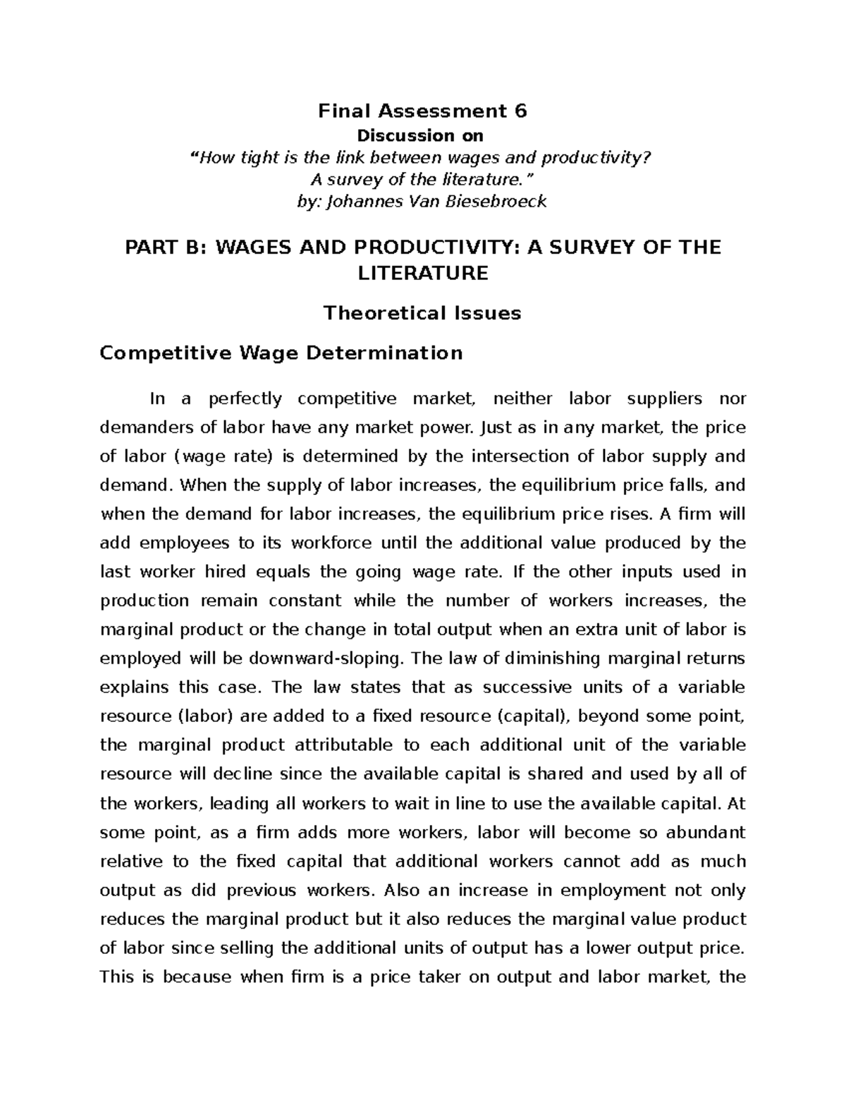 Final Assessment 6 - Essay on wage and productivity: theoretical issues - Final Assessment 6 ...