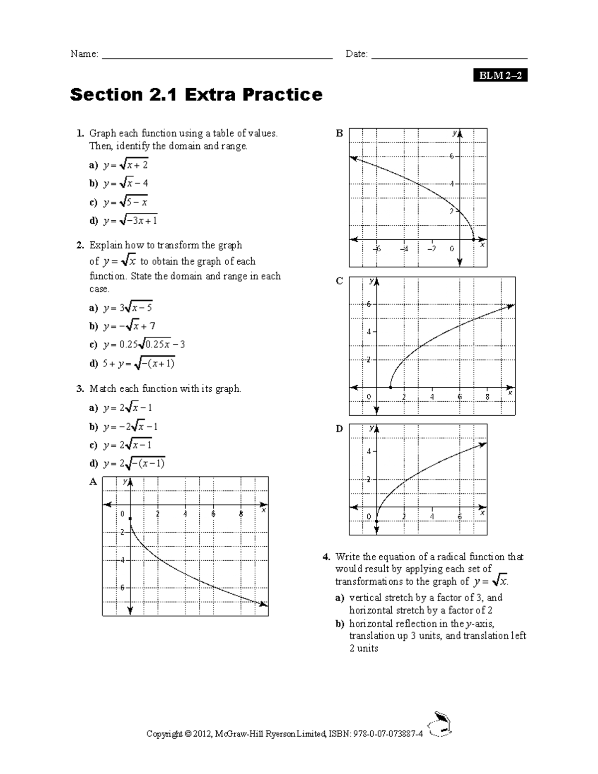 BLM 2-2 - Radical functions - Copyright © 2012, McGraw-Hill Ryerson ...