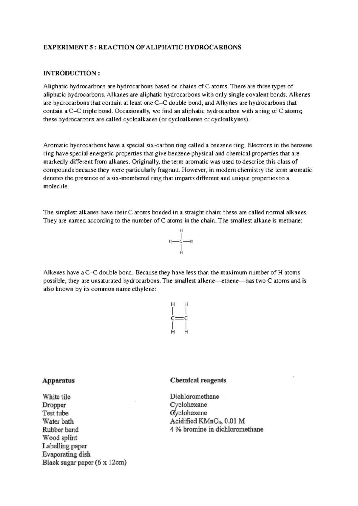 Experiment 5 reaction - EXPERIMENT 5 : REACTION OF ALIPHATIC ...