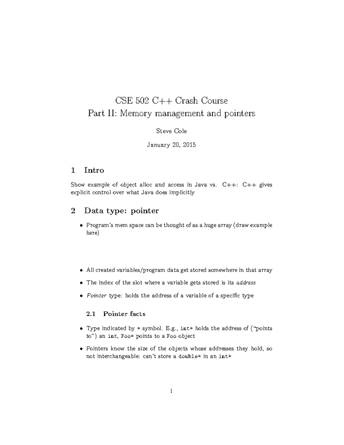 Cse502 2014 2015 Lecture Notes 3 C Crash Course Memory And Pointers Cse 502 C Crash