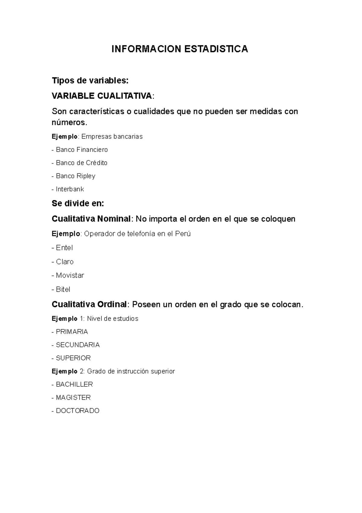Informacion Estadistica - INFORMACION ESTADISTICA Tipos de variables ...